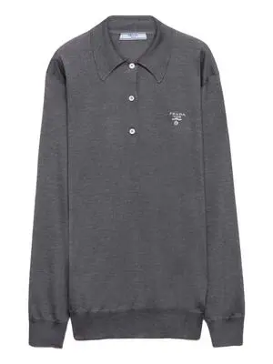 Prada Prada Logo Embroidered Long-Sleeve Polo Shirt Slate Grey
