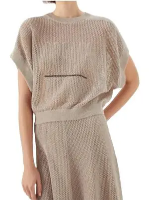 Brunello Cucinelli Round Neck Short Sleeve Sweater With Logo Pattern - Beige