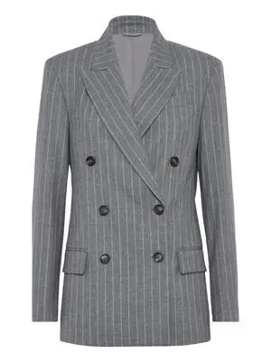 Brunello Cucinelli Pinstripe Double-breasted Blazer With Monili Chain Detail - Medium Gray