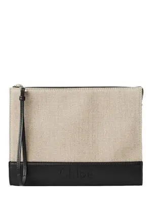 Chloé Logo Embroidered Clutch Bag - Nude