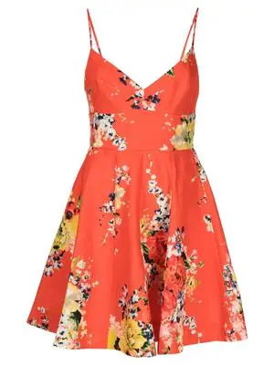 Zimmermann Alight Flared Mini Dress With Heart-shaped Neckline And Floral Print - Orange