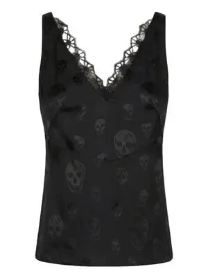 Alexander McQueen Skull Print Lace Trim V-neck Tank Top - Black