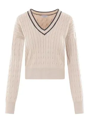 Brunello Cucinelli Cable-knit V-neck Jumper - Beige
