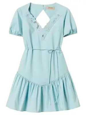 TWINSET Embroidered Midi Dress With Ruffled Sleeves And Hem - Blue