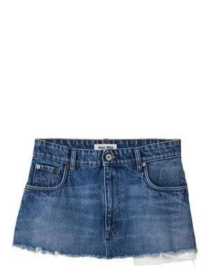 Miu Miu Logo Detailed Frayed-hem Denim Skirt - Blue