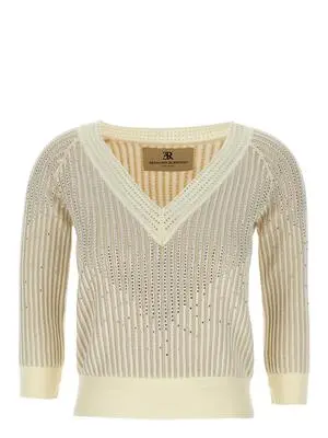 Ermanno Scervino V-neck Rhinestone Embellished Sweater - White