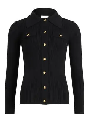PATOU Ribbed Wool Cardigan With Collared Neck And Flap Pockets - Black