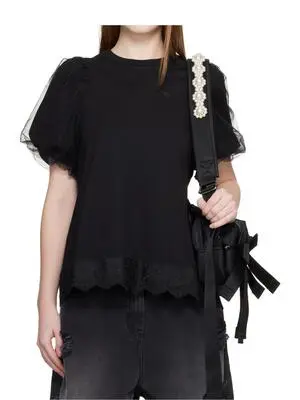 Simone Rocha Sheer Puff Sleeve Lace Trim T-shirt - Black