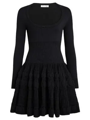 Alaïa Long-sleeved Wool Dress With Round Neck And Pleated Skirt - Black