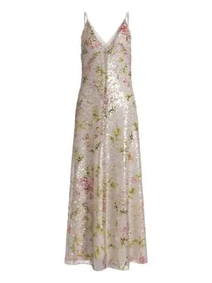 Alberta Ferretti Embellished Floral Print Spaghetti Strap Gown - Nude