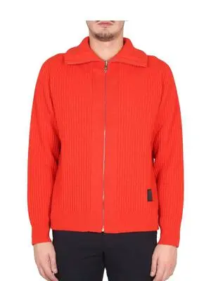 Paul Smith Zip-up Knitted Cardigan With Logo Patch - Red