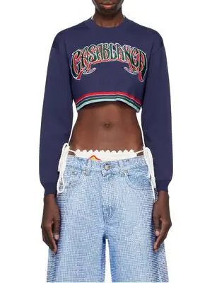 Casablanca Cropped Jumper With Crew Neck And Ribbed Details - Navy Blue