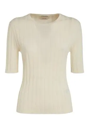 ALLUDE Round Neck Ribbed Knit Short Sleeve Cardigan - Nude