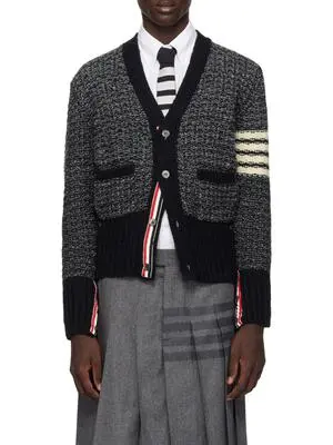 Thom Browne 4-bar Mélange-effect Button-up Cardigan - Navy Blue