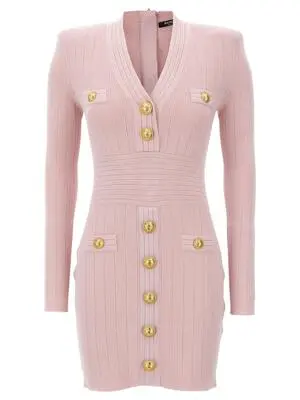 Balmain Balmain Logo Button Long-Sleeved Mini Dress Light Pink