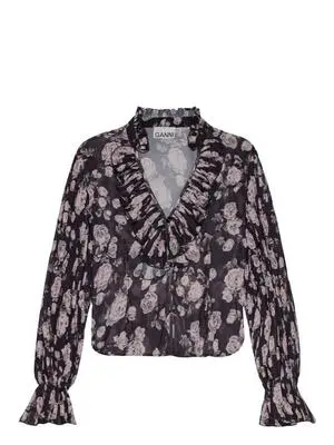 GANNI Floral Printed Pleated Georgette Blouse - Phantom