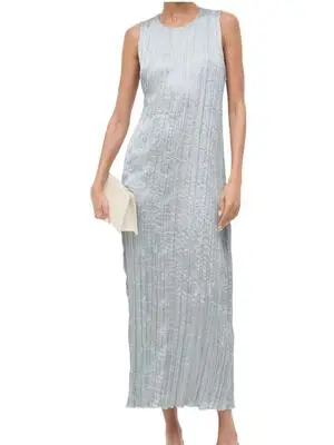 Staud Mizu Sage Plissé Midi Dress With Detachable Belt - Silver