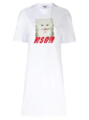 MSGM MSGM Short Sleeve Cat Graphic Dress White