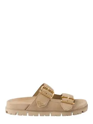 Prada Suede Strap Slides With Metal Buckles - Beige