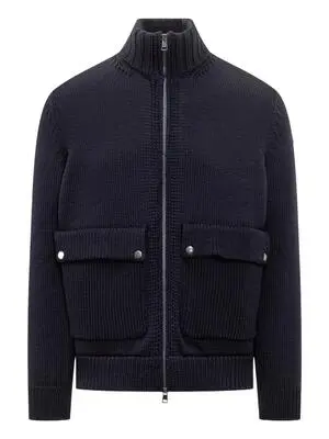 Moncler Zip-up Cardigan With Ribbed Trim And Pockets - Midnight Blue