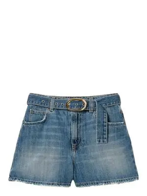 TWINSET Belted Fringed Denim Shorts - Gray