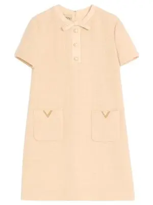 Valentino Garavani Curly Wool Short Dress With V-detail Pockets And Bow Neckline - Birch Color
