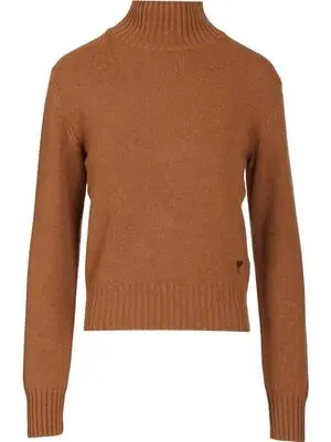 Ami Turtleneck Sweater With Logo Detail - Brown