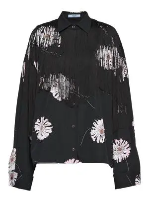 PRADA Prada Rose-Printed Long-Sleeved Fringed Shirt