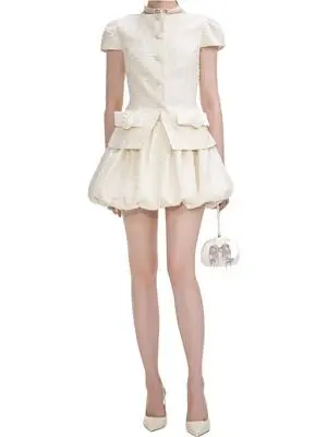 SELF-PORTRAIT Boucle Bow Detail Mini Dress - Cream