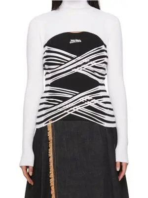 JEAN PAUL GAULTIER Striped Ribbed Turtleneck Top - Black