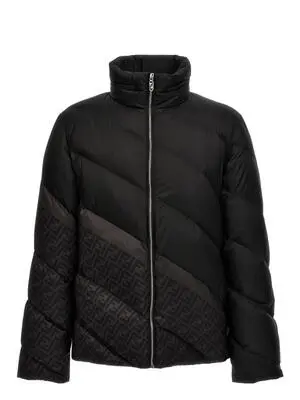Fendi Quilted Nylon Down Jacket With Diagonal Logo Print - Black