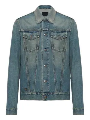 Prada Prada Enamelled Tag Detailed Denim Jacket Light Blue