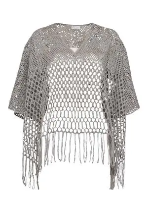 Brunello Cucinelli Monili Chain Open-knit Top With Tassel Trim - Gray