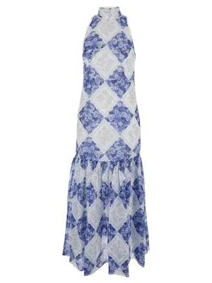 TWINSET Floral Print Long Ramie Dress - Blue