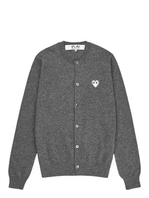 Play Comme Des Garcon Long-sleeved Knitted Cardigan With Heart Applique - Grey
