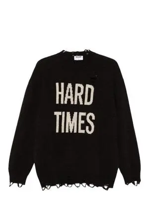 Moschino Distressed Crew Neck Sweater With 'hard Times' Graphic - Black