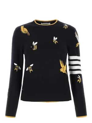Thom Browne Animal Embroidered Crew Neck Jumper With Button Detail - Navy Blue