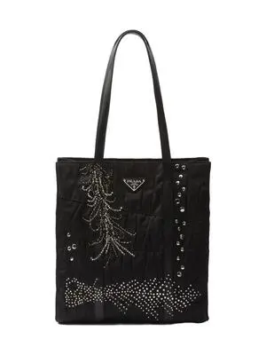 Prada Medium Re-nylon Patchwork Tote Bag With Embroidery And Studs - Black
