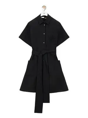 Loewe Viscose And Linen Shirt Dress With Belt And Patch Pockets - Black