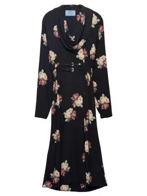 Prada Floral Print Long Sleeve Midi Dress - Black