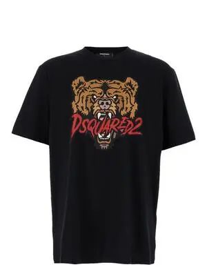 Dsquared2 Bear Logo Printed Crewneck T-shirt - Black