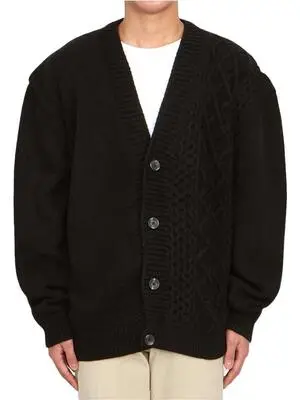 FAMILY FIRST V-neck Long-sleeve Sweater With Ribbed And Cable Knit Details - Black