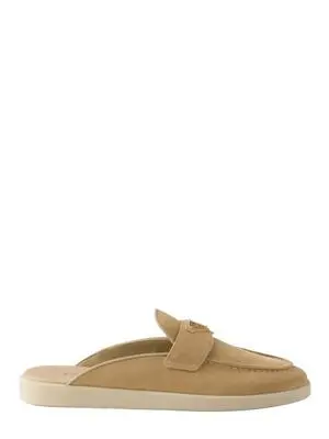 Prada Suede Mules With Enamel Triangle Logo - Off White