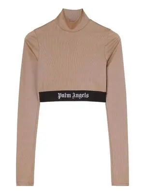 Palm Angels Ribbed Cropped Long Sleeve T-shirt With Logo Waistband - Nude