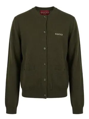 Gucci Cashmere Silk Cardigan With Intarsia Logo - Forest Green