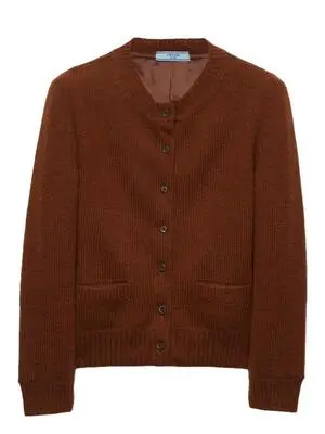 Prada Ribbed Knit Cardigan With Logo - Tobacco Color