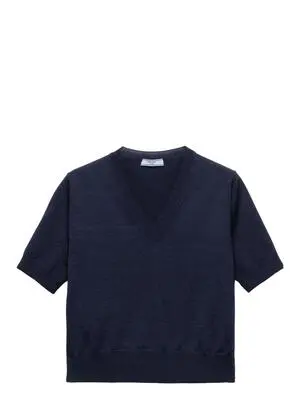 Prada V-neck Fine Knit Short Sleeve Sweater - Blue