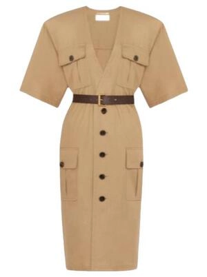 Saint Laurent Saharienne V-neck Short-sleeved Dress - Beige