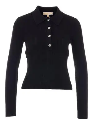 Michael Kors Ribbed Knit Long Sleeve Polo Shirt - Black