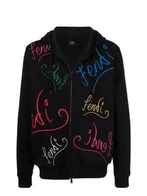 Fendi Logo Embroidered Zip Hoodie - Black